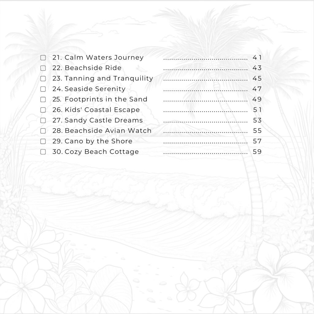 30 Beach Beauties Coloring Book Coastal Theme for Relaxation